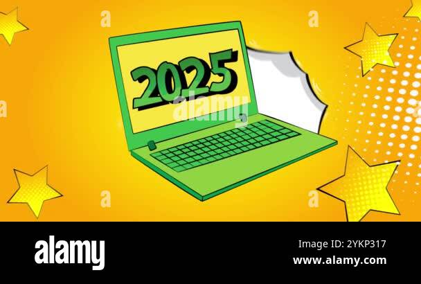 Cartoon Laptop, comic book Notebook with number 2025. Retro cartoon ...