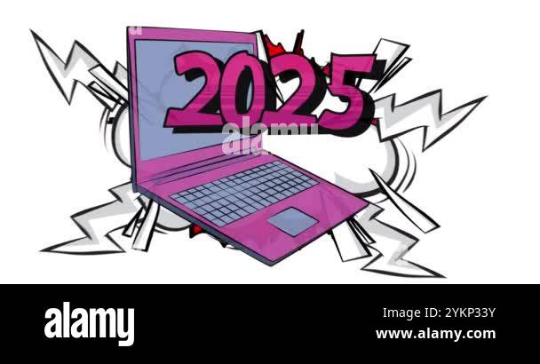 Cartoon Laptop, comic book Notebook with number 2025. Retro cartoon ...