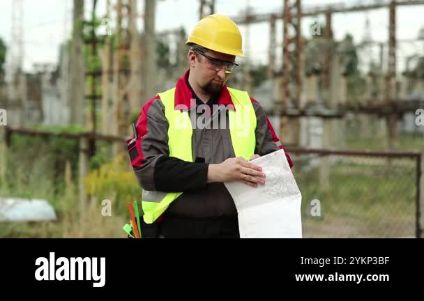Worker with scheme of works on power station. Power man with ...