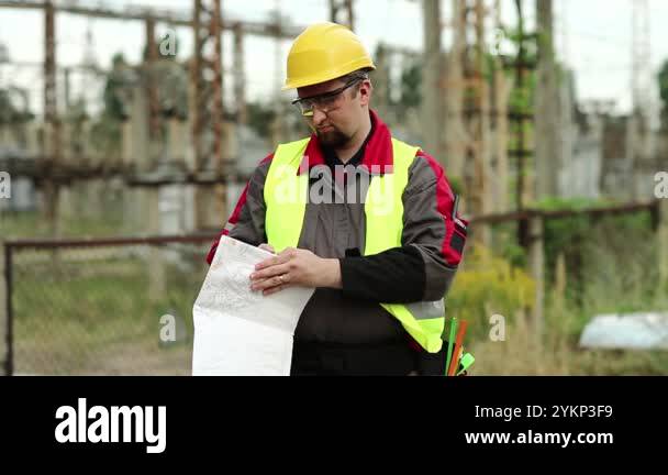 Worker with scheme of works on power station. Power man with ...