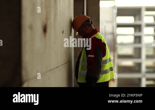 Workman knocks his head against the wall. Stressed worker in hard hat stands on construction ...