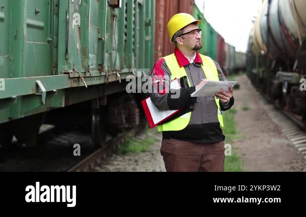 Railway worker with work documentation. Railroadman in hard hat with ...