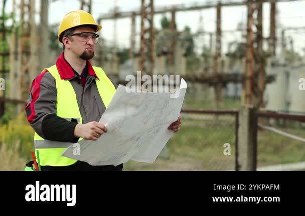 Powerman with scheme of works on power station. Worker with construction documentation at power ...