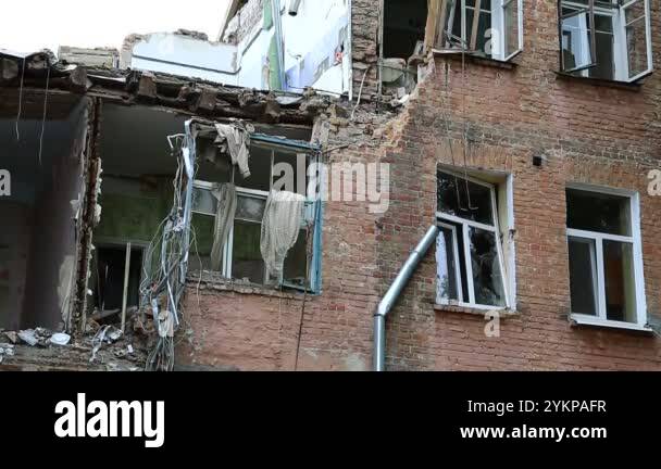 Destruction of the house from gas explosion. Ruins of building after ...