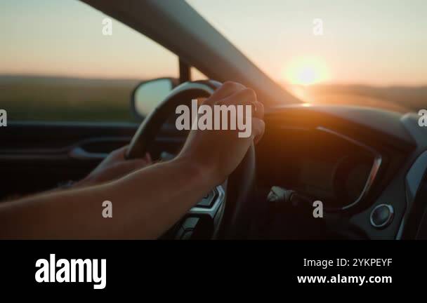 Male driver driving car, inside view. Man driving car on highway road ...