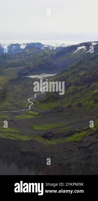 Drone aerial view of the beautiful unique landscape of Thorsmork in ...