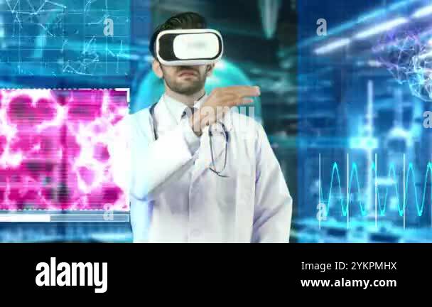 Smart doctor with VR glasses checking and looking at DNA hologram at ...