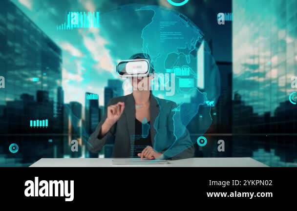 Reporter pointing world market rotating analysis screen by VR future ...