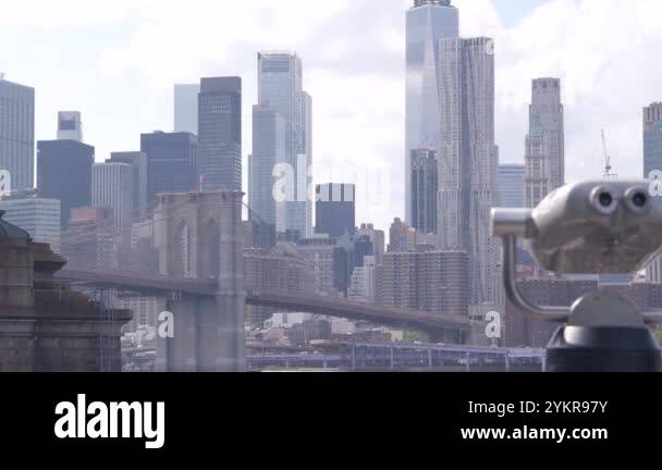 New York City Brooklyn Bridge lookout, tower viewer binoculars, Dumbo ...