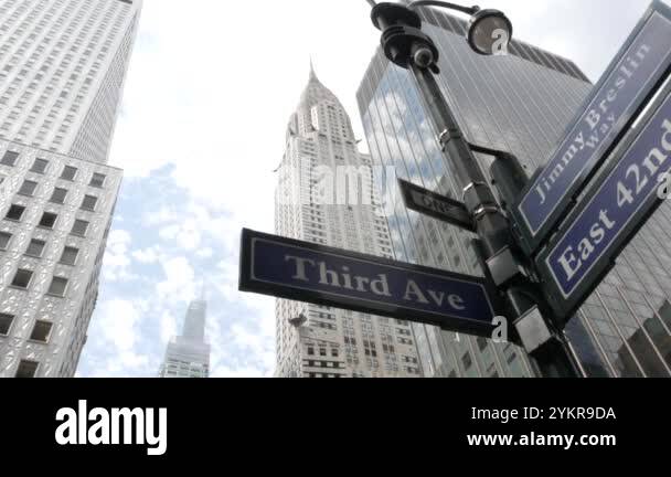 New York City crossroad, street intersection road sign. Chrysler ...