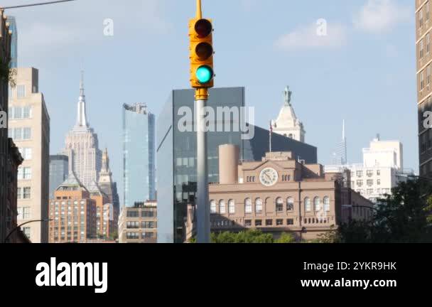 New York City street crossroad, yellow traffic light, transport road ...