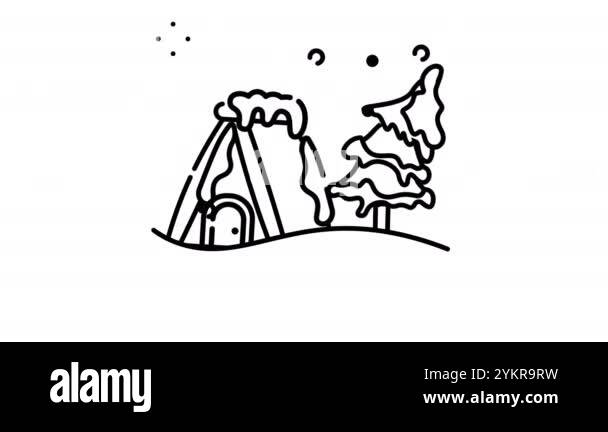 Snowstorm with house and tree line animated icon. Seamless looping ...