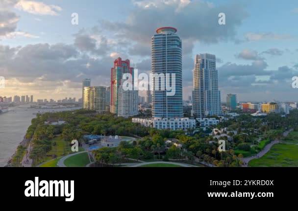 South Pointe Park and South Beach at Miami Beach with its iconic ...