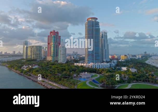 South Pointe Park and South Beach at Miami Beach with its iconic ...