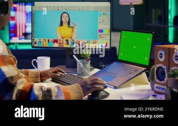 Male graphic artist using essential digital tools next to isolated ...