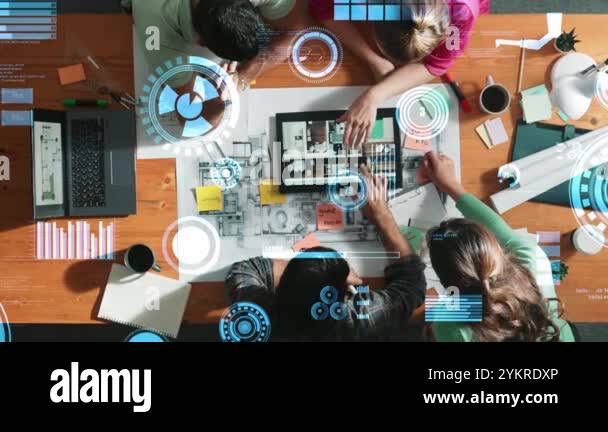 Top down view of civil engineer planning at blueprint. Smart architect ...