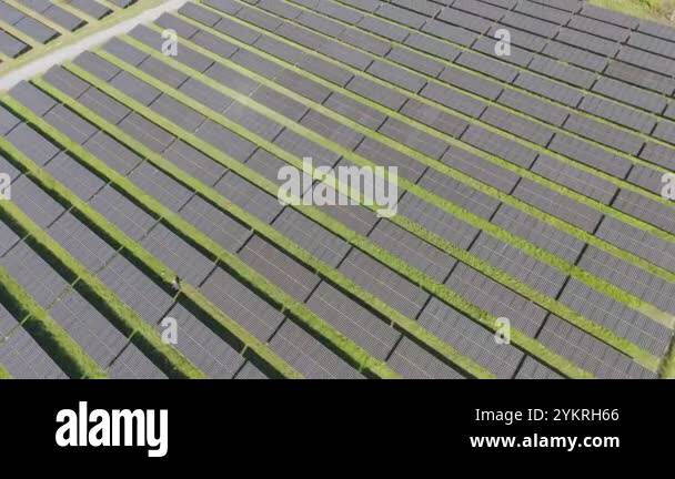 Drone footage of solar farm at the countryside. Solar cells field ...