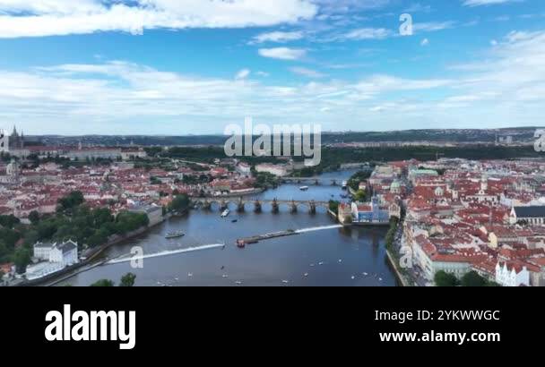 Panoramic aerial view of Prague Castle, aerial city. Cityscape of Prague, flight over city top ...