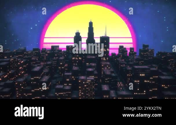 Animated night city landscape with cyberpunk or synthwave style. VJ ...