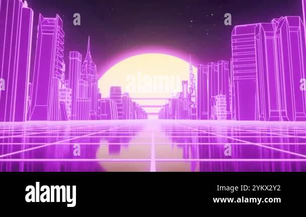 Seamless loop of retro cyberpunk cityscape with a moving grid floor. VJ synthwave looping 3D ...