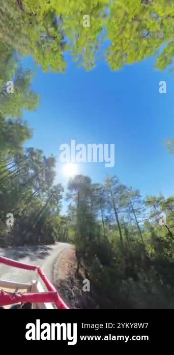 Vertical video. A 360-degree shot from a moving jeep with an open top ...