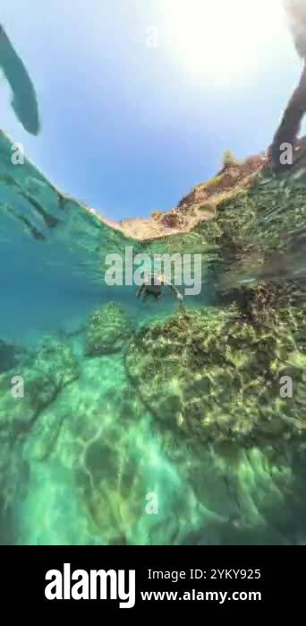 Vertical video. An underwater scene with a diver swimming through a ...