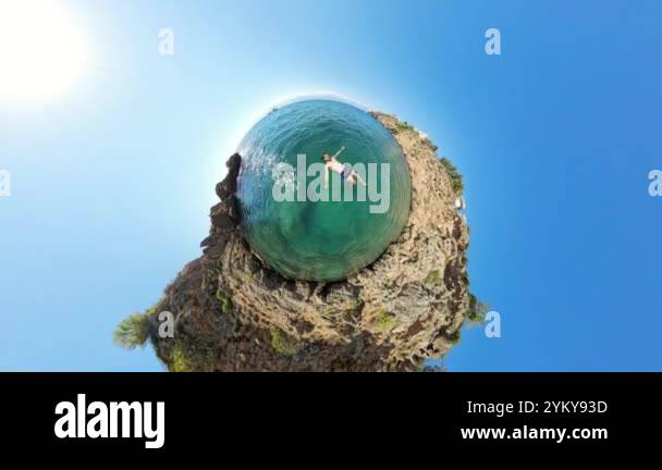 Rotation,A unique tiny planet perspective showing a man floating in the ...