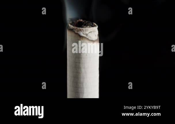 A close-up of a cigarette with smoke rising from the burning tip. The ...