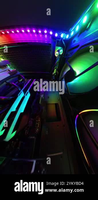 Vertical video. A super wide-angle view inside a gaming PC, showing ...
