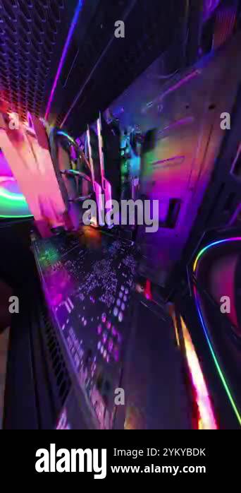 Vertical video. A close-up view inside a gaming PC, showcasing the ...