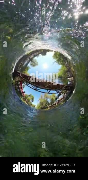 Vertical video. 360 rotation. A fisheye view from beneath the wooden ...