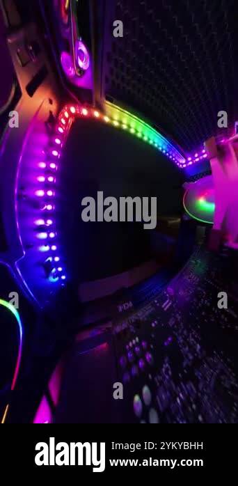 Vertical video. A super wide-angle view of a gaming PC interior, with ...