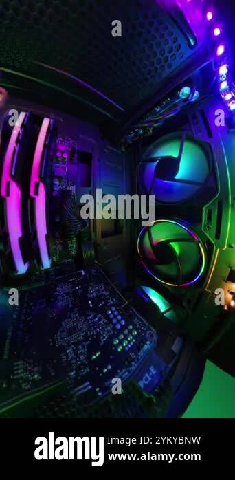 Vertical video. A dolly shot inside a gaming PC, moving closer to ...