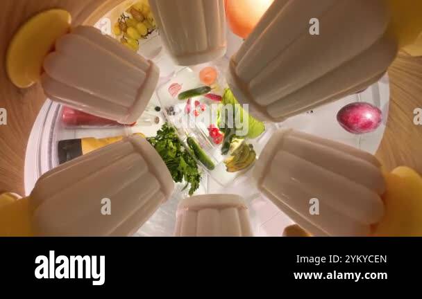 Wide-angle, rotating view inside a refrigerator with a zooming effect ...