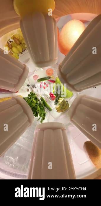 Wide-angle, rotating view inside a refrigerator with a zooming effect ...