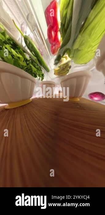 A 360-degree rotating view inside a refrigerator, capturing an array of ...