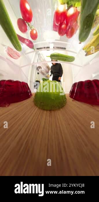 Dolly zoom view from inside the refrigerator as a man uses a spoon to ...