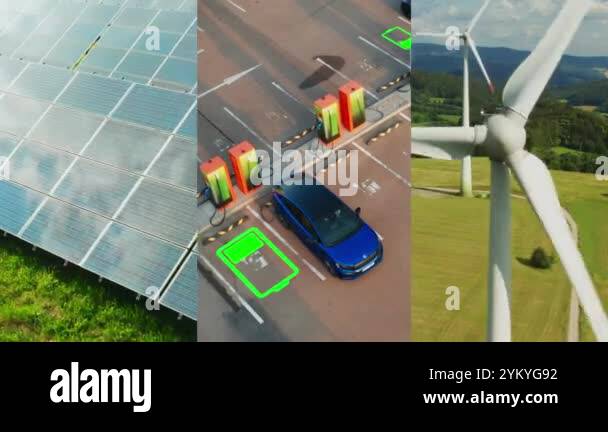 Solar panels, an animated battery charging EV, wind turbines ...