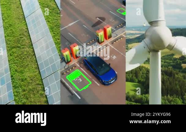 Collage of solar panels, animated battery with EV charging, wind ...
