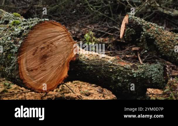 Cut trees lie on the ground. Sections of the trunks are visible ...