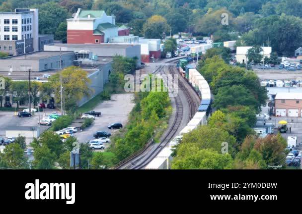Stationary Shot: Aerial view of downtown Fort Wayne captures bustling ...