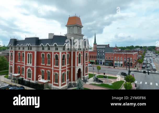 Pedestal Shot: Aerial view of Defiance, Ohio, featuring the historic ...