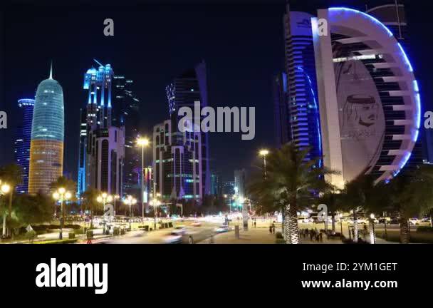 QATAR, DOHA, MARCH 20, 2018: 8K night time lapse of road traffic at ...