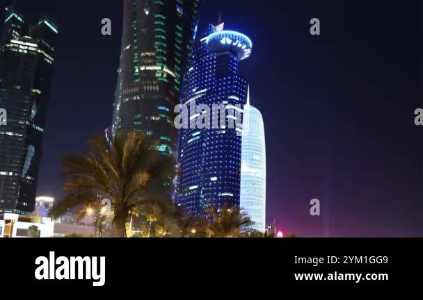 QATAR, DOHA, MARCH 20, 2018: 8K night time lapse of Corniche embankment ...