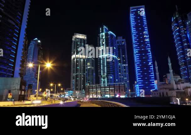 Dubai Marina night time lapse, United Arab Emirates. Dubai Marina - the ...