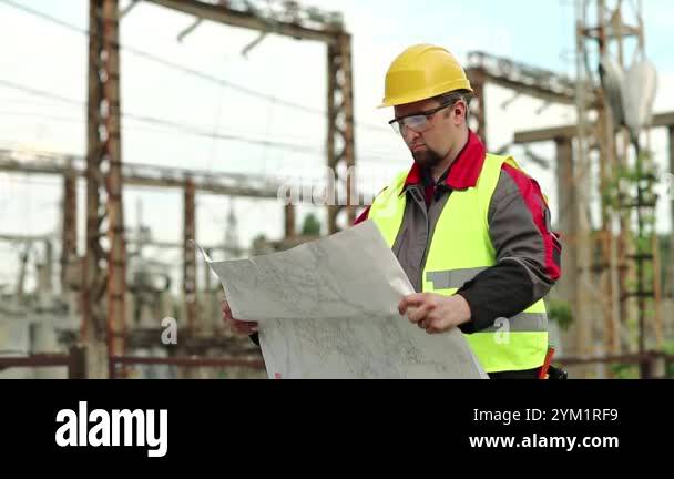Worker with scheme of works on power station. Power man with construction documentation at power ...
