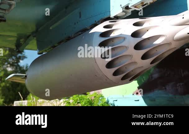 Rocket launcher under the wing of fighter aircraft. Jet fighter with ...