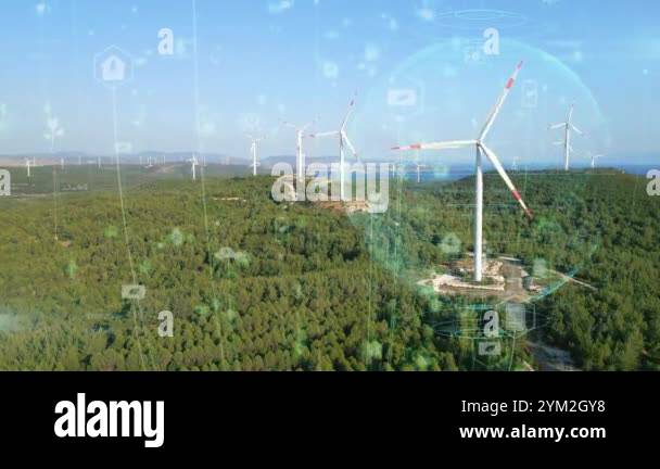Alternative Energy. Wind farm. Aerial view of horizontal-axis wind turbines generating ...