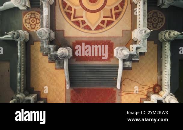 Steps leading to balcony with lotus ornament on floor in huge temple ...