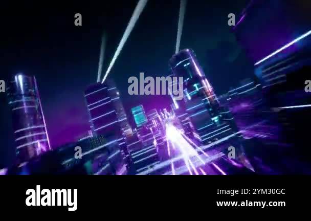 Skyscraper futuristic city. Futuristic cityscape with holographic neon ...